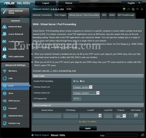 Opening Ports in a Asus DSL-N55U Router
