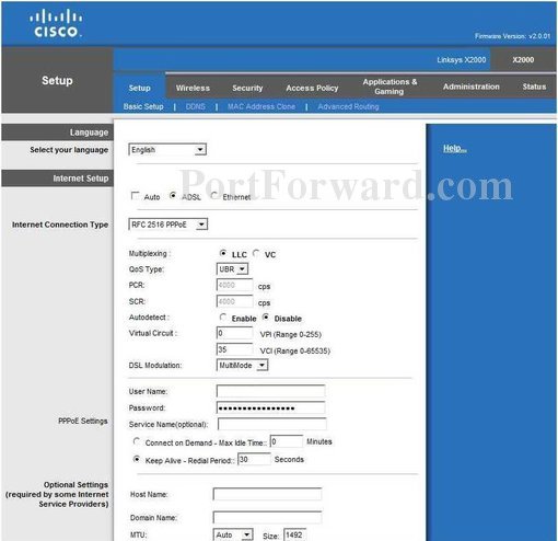 Cisco Linksys X2000 Router Port Forwarding Instructions
