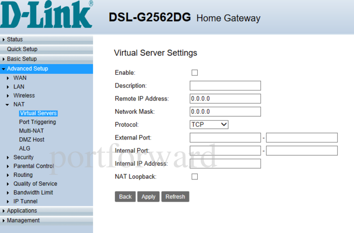 Simple D-Link DSL-G2562DG Router Port Forwarding
