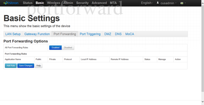 Hitron Technologies CODA-4589-RES Router Open Port Instructions