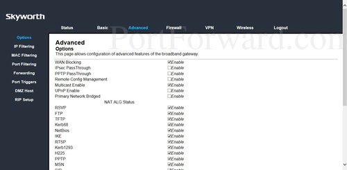 Forwarding Ports in a Skyworth Residential Gateway Router